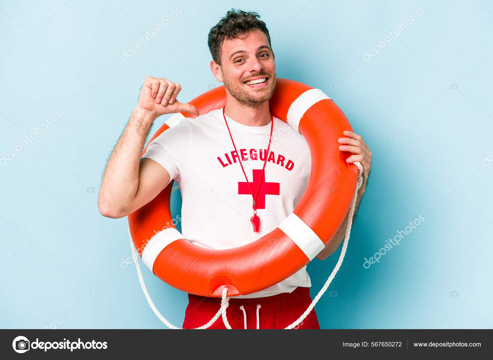Young Caucasian Lifeguard Man Isolated Blue Background Feels Proud Self ...
