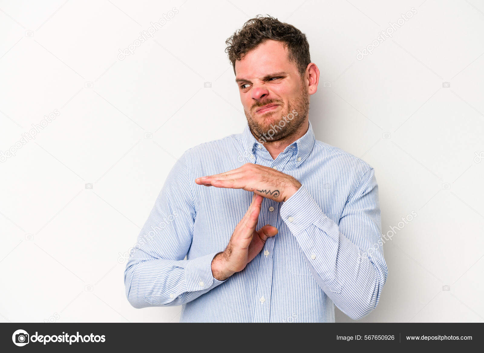 Young Caucasian Man Isolated White Background Showing Timeout Gesture ...