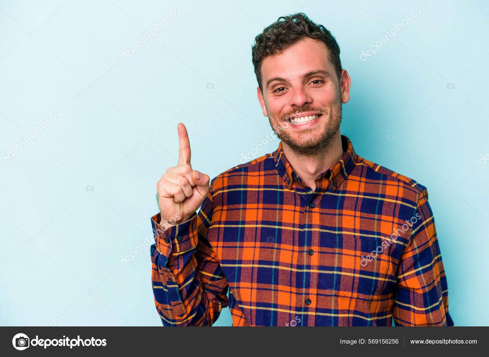 Young Caucasian Man Isolated Blue Background Showing Number One Finger ...