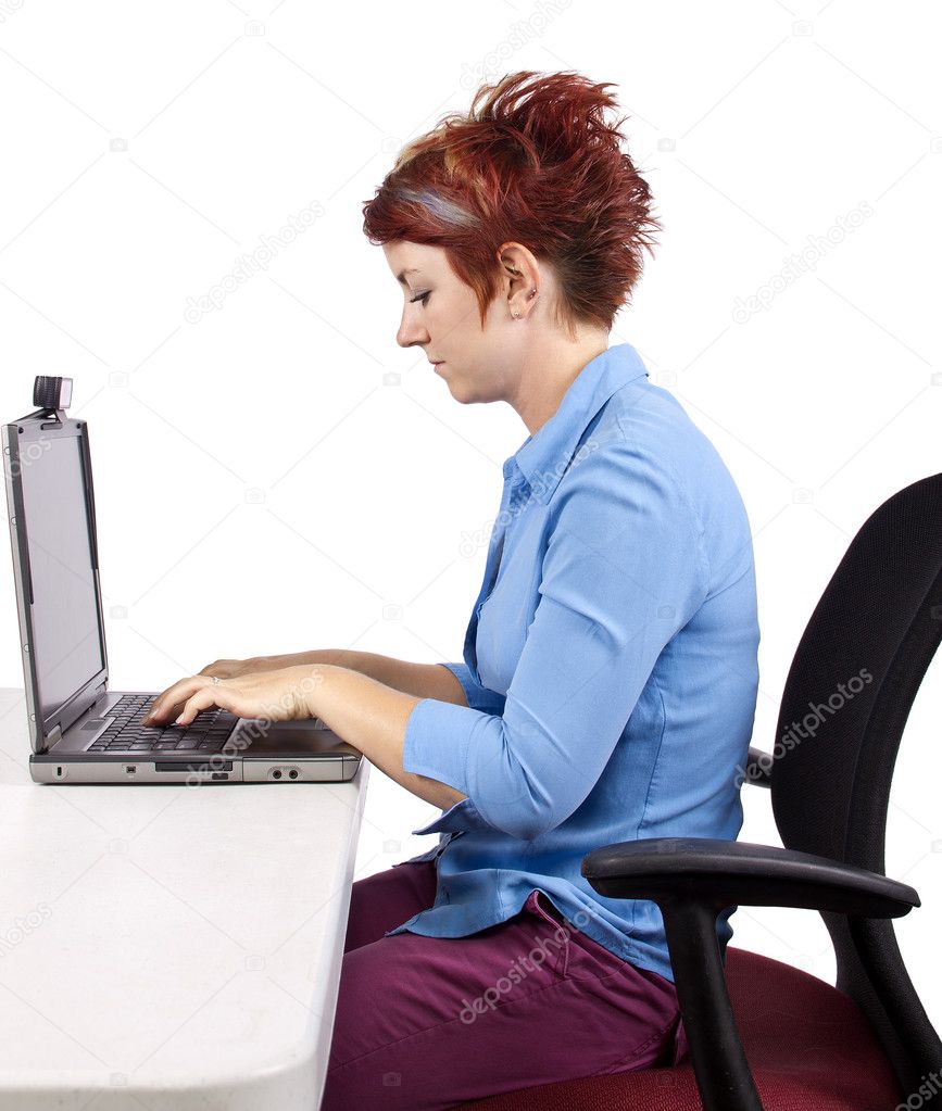 Woman demonstrating office desk posture Stock Photo by ...