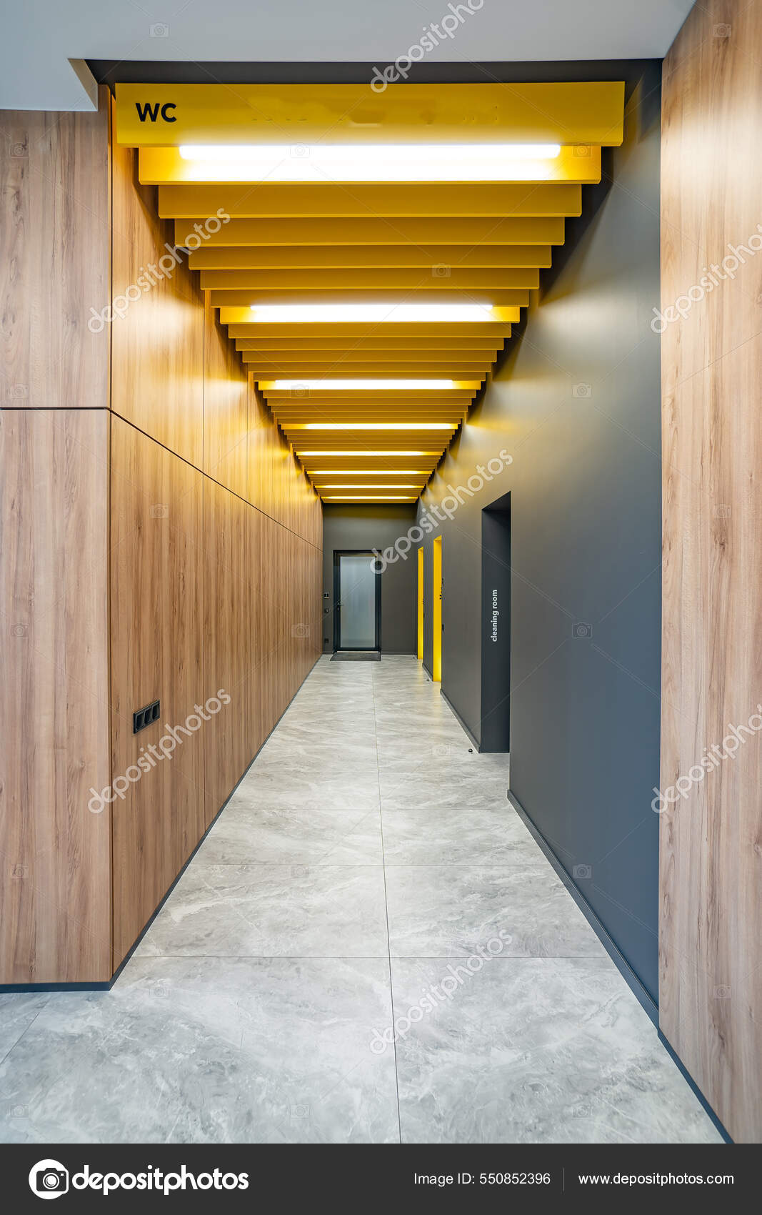 Perspective Long Corridor Office Building Doors Washrooms Hallway Doors ...