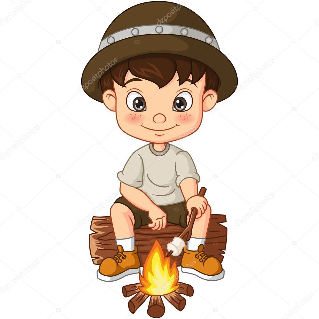 Ilustraci n vectorial del ni o explorador de dibujos animados asando un malvavisco 2024