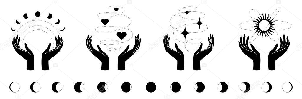Manos femeninas con lunas, estrellas, corazones y sol como símbolo de ...