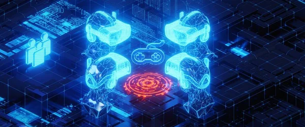 Isometric illustration representing concept of a multiplayer gaming experience in the metaverse ...