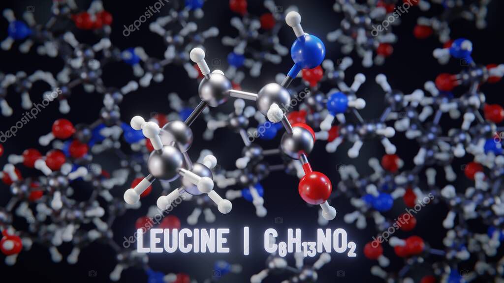 Estructura molecular de leucina. Ilustración 3D 2024