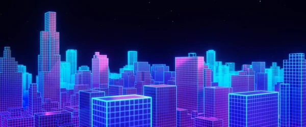 Concept of a virtual city with holographic skyscrapers. 3D rendering ...