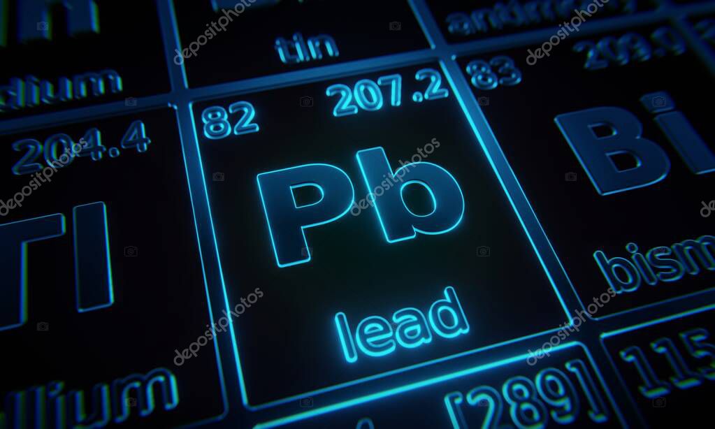 Enfoque en elemento químico Plomo iluminado en tabla periódica de elementos. Renderizado 3D 2023