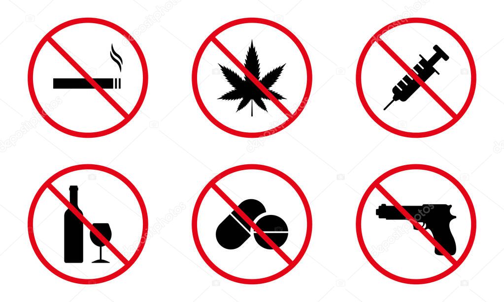 Prohibir las drogas ilegales, beber alcohol, tomar píldora, cigarrillo ...