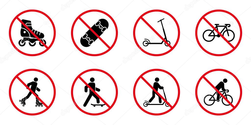 Set de iconos Ban Rollerskate Silhouette. Bike Forbid Pictogram (en ...