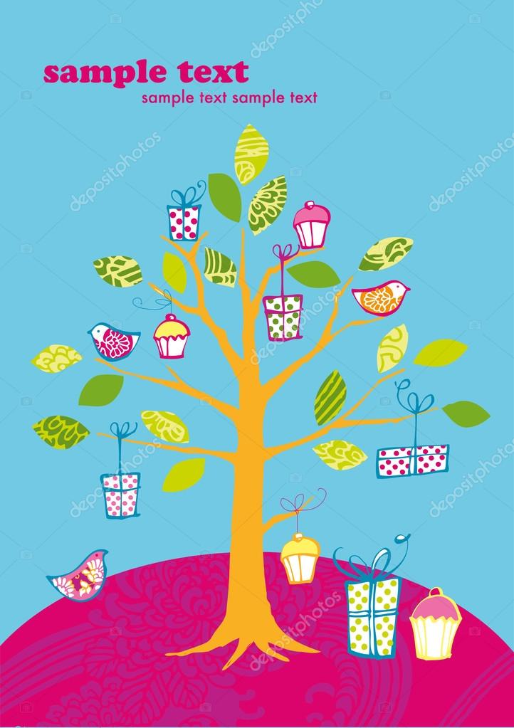 Tree with birds greeting card Stock Vector Image by ©OMW #49202055