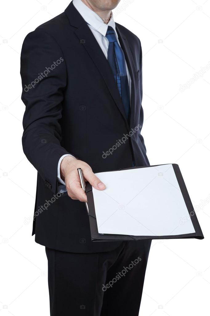 Businessman about handing an agreement paper on white background Stock ...