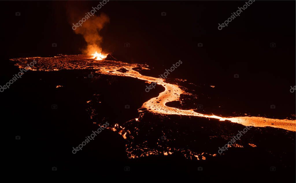 An aerial image shot by a drone of the brand new Meradalir Eruption of ...