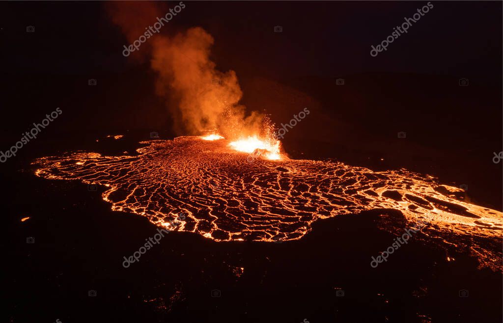 An aerial image shot by a drone of the brand new Meradalir Eruption of ...