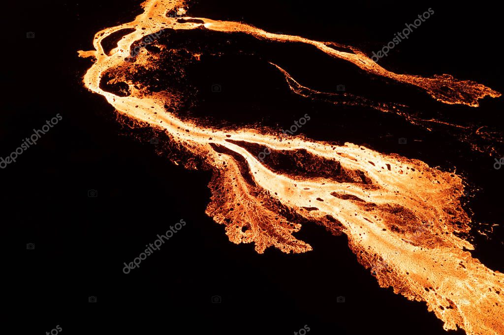 An aerial image shot by a drone of the brand new Meradalir Eruption of ...