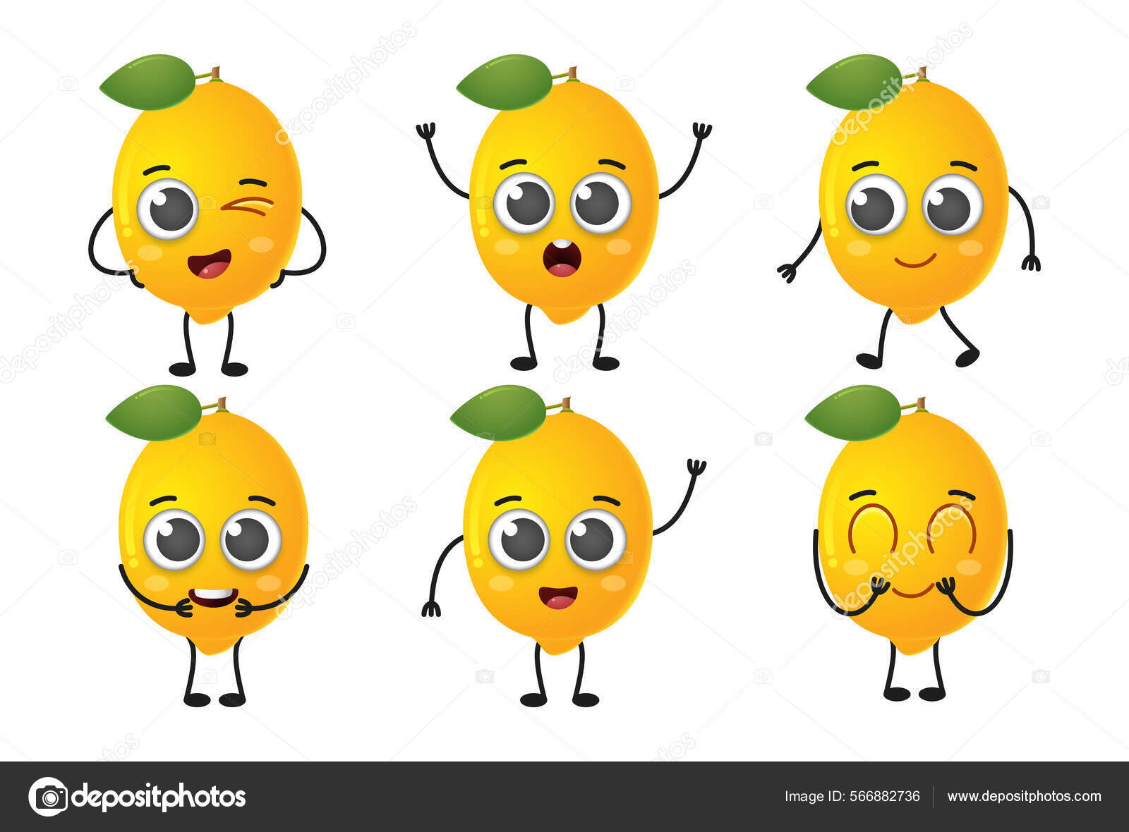 Set Cute Cartoon Lemon Fruit Vector Character Set Isolated White Vector ...