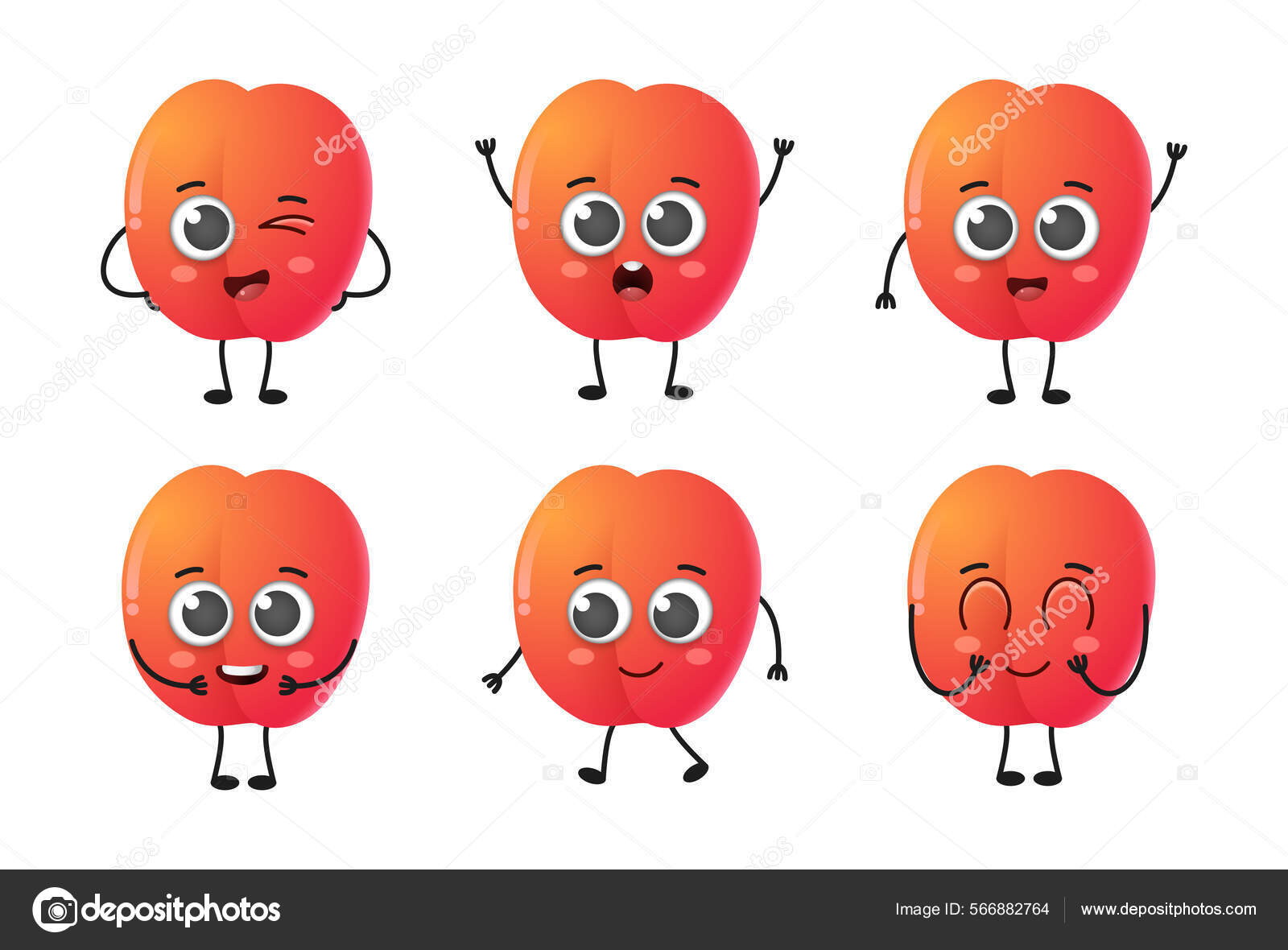 Set Cute Cartoon Nectarine Fruit Vector Character Set Isolated White ...