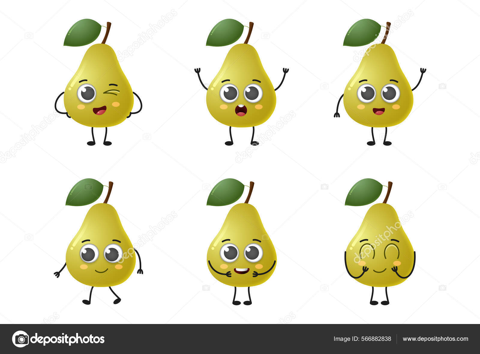 Set Cute Cartoon Pear Fruit Vector Character Set Isolated White Stock ...