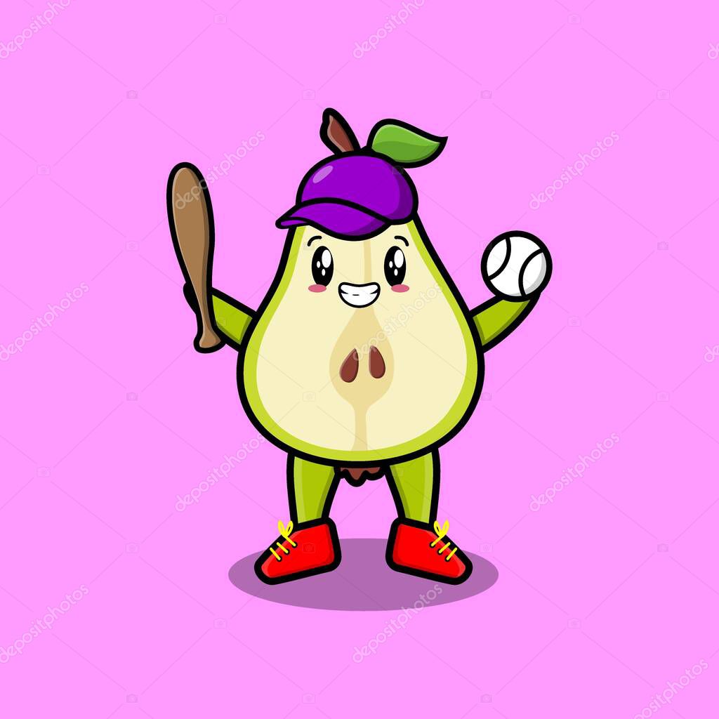 Lindo personaje de fruta de pera de dibujos animados jugando béisbol en ...