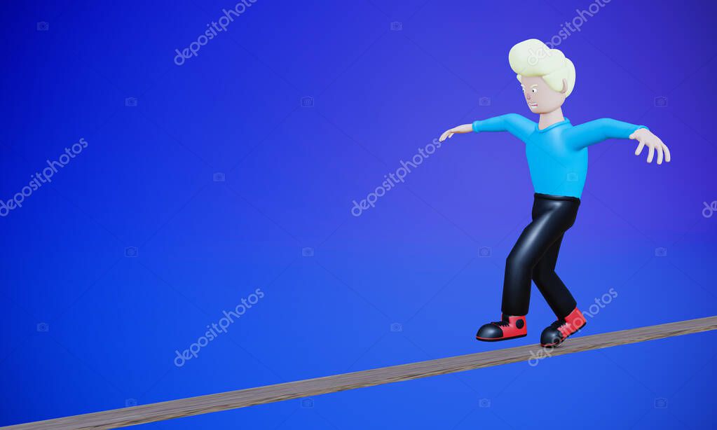 3D Character. Man walking on narrow plank. Take risks. Risk encounter ...