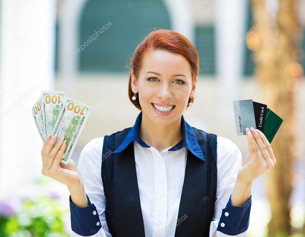 Bank agent showing convinience of electronic money — Stock Photo ...