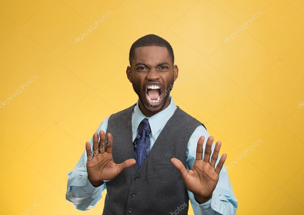 Angry executive gesturing with hands to stop — Stock Photo ...