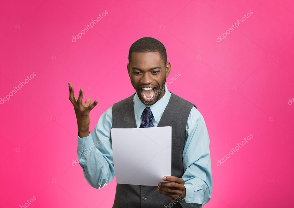 Excited happy man holding document, receiving goood news — Stock Photo ...