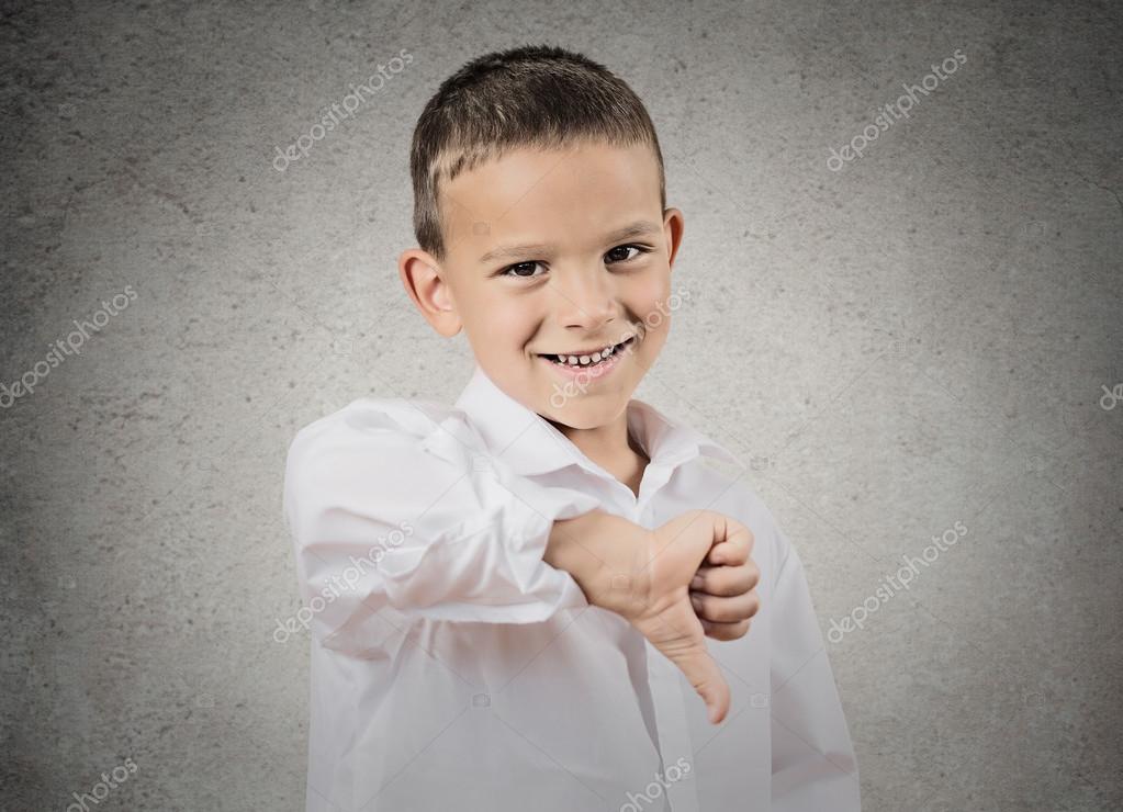 Happy boy happy someone failed, giving thumbs down gesture — Stock ...