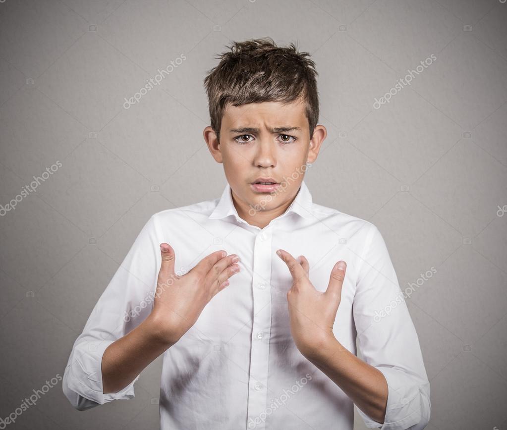 Confused unhappy boy asking you talking to me? — Stock Photo ...