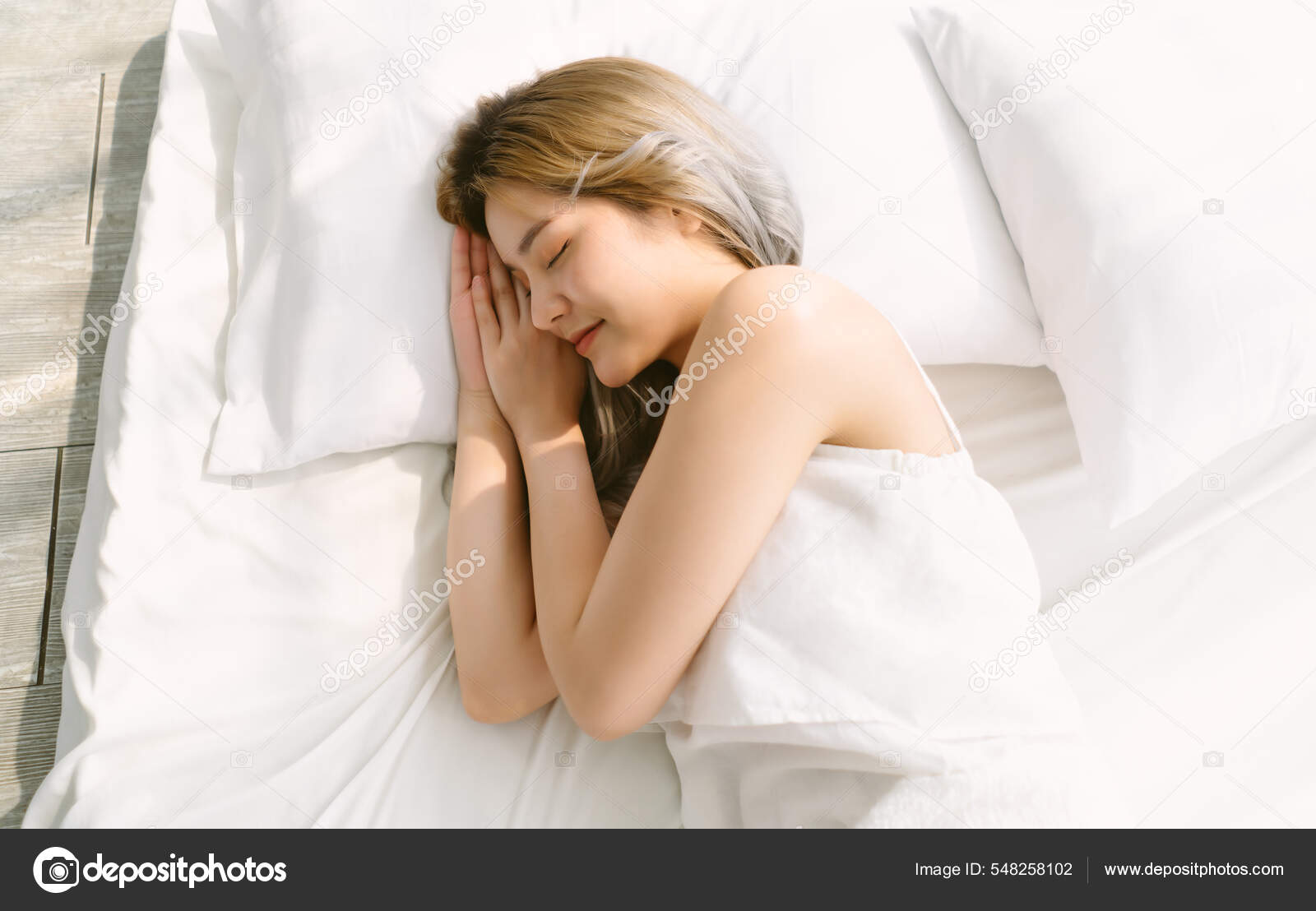Top View Beautiful Young Asian Woman Smiling While Sleeping Her — Stock ...