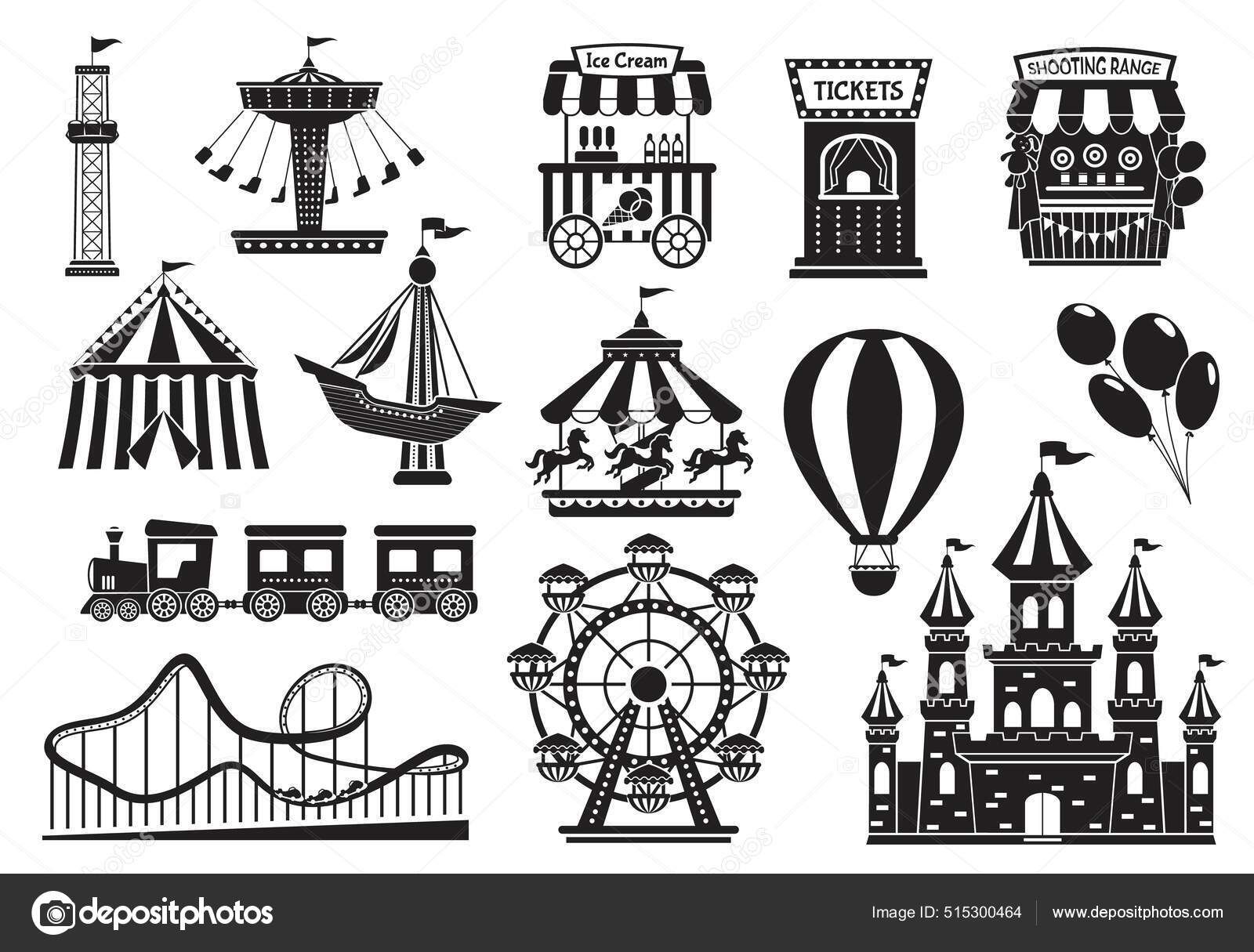 Taman Hiburan elemen siluet, karnaval atraksi fairground. Anak-anak ...