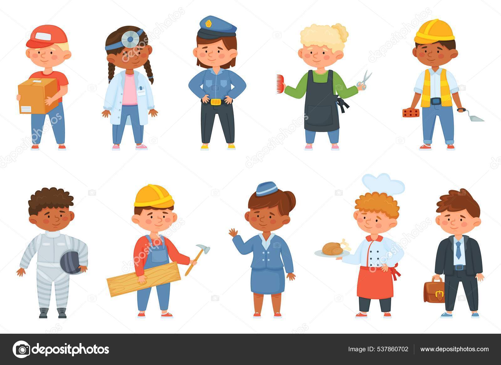 Niños de dibujos animados en uniforme profesional, niños de diversas ...