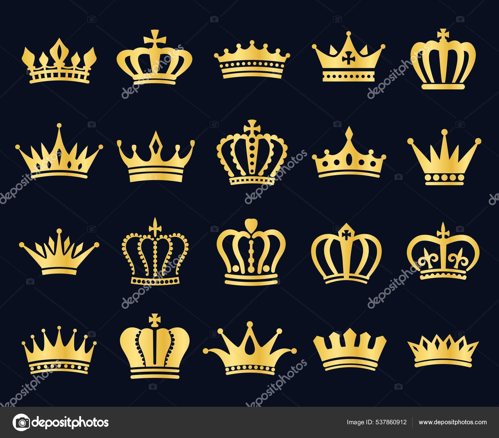 Rey de oro real corona icono silueta, elementos de la corona heráldica ...