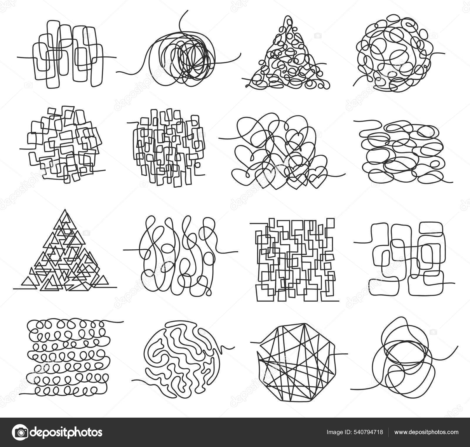 Tangled lines, chaos scribbles, messy squiggles and knots. Hand drawn ...