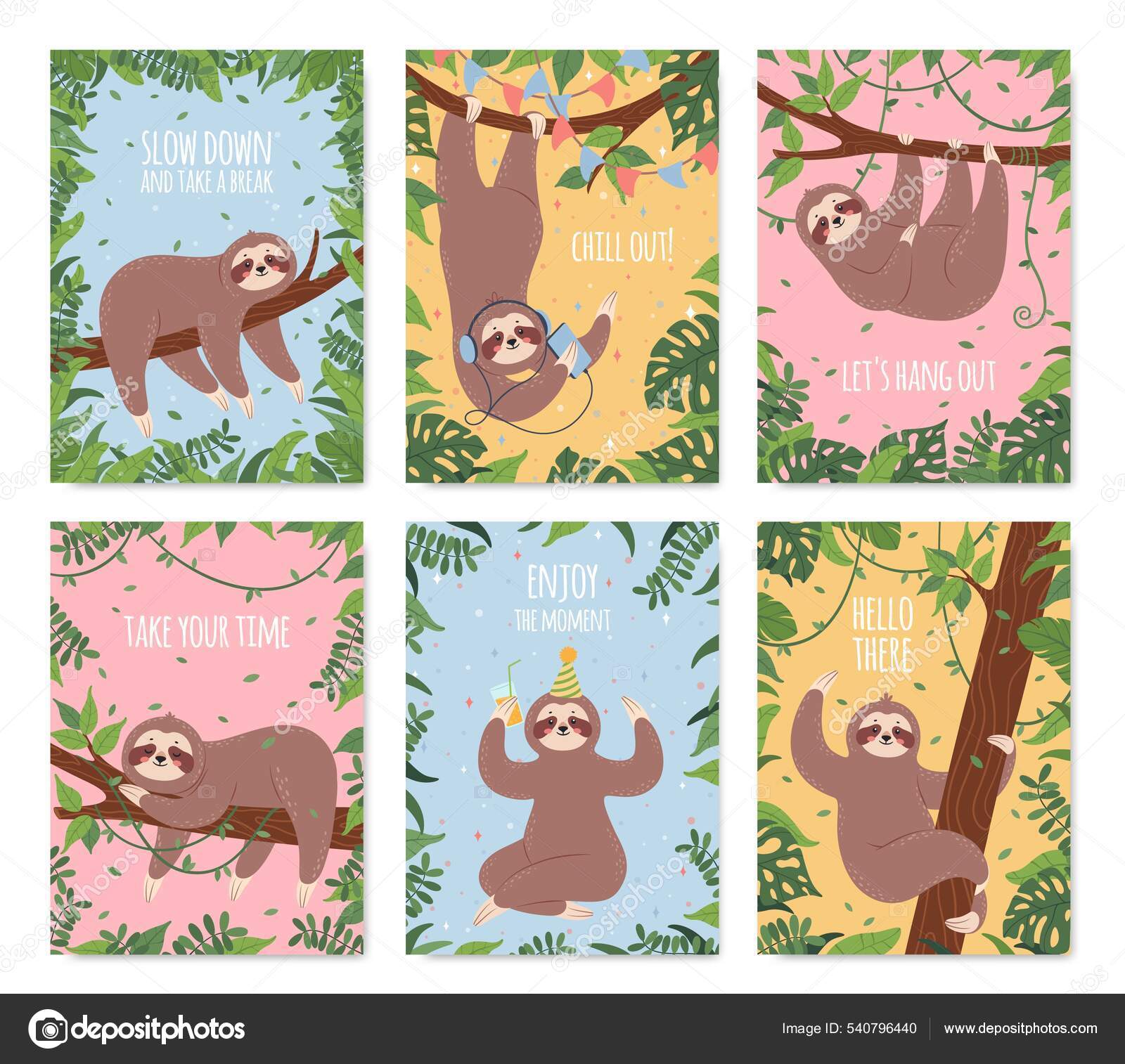 Tarjeta de pereza de dibujos animados, perezosos felices durmiendo o ...