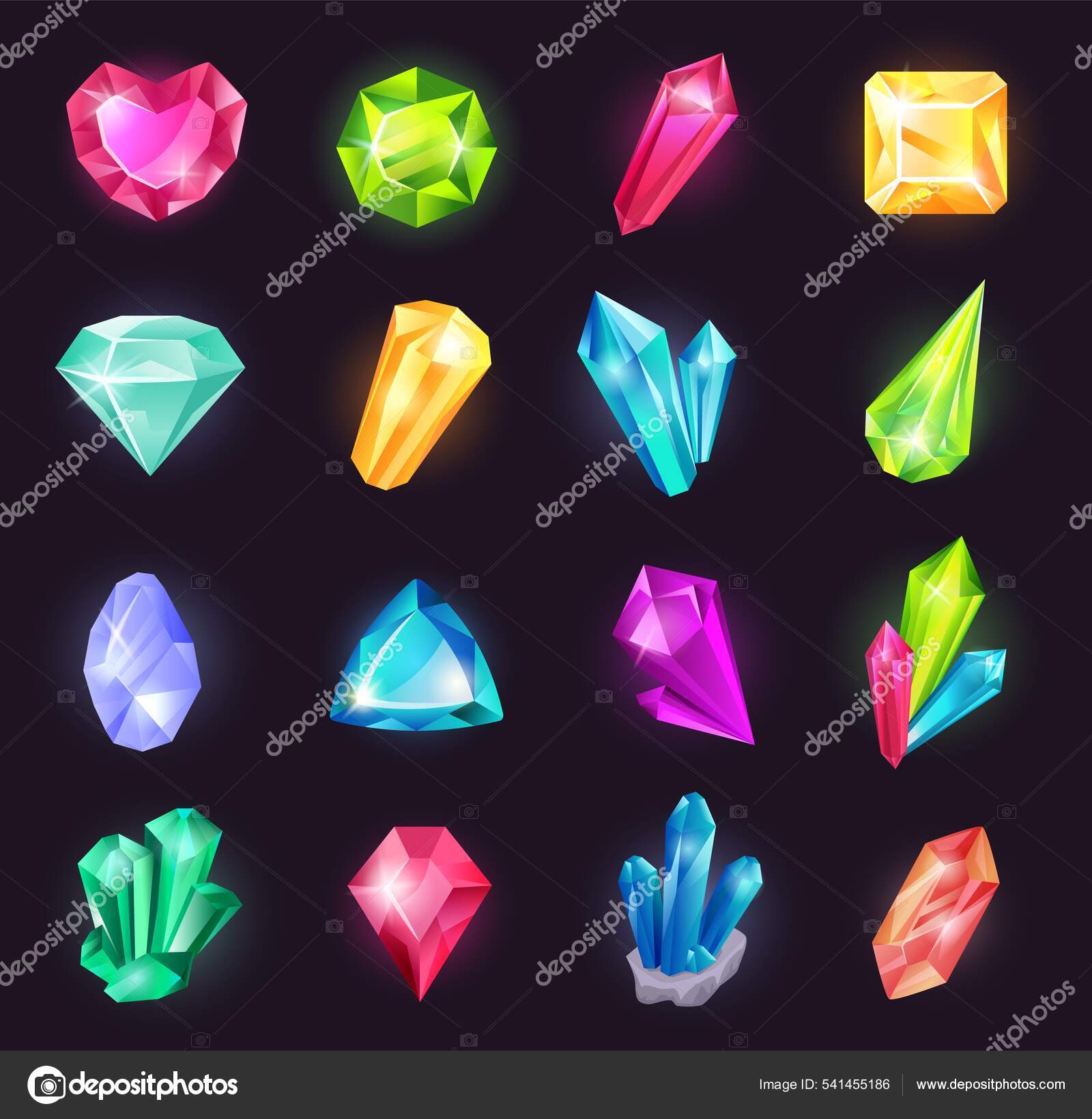 Cartoon magic crystals and precious gems, raw material gemstones ...