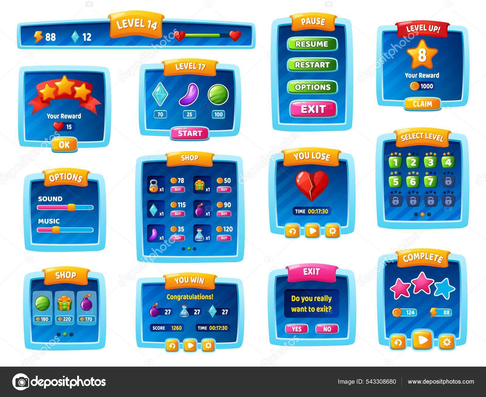 캐주얼 게임 메뉴와 팝업 창 만화 게임 앱 Ui 요소 레벨 선택 스톱 쇼핑 창 모바일 게임 디자인 자산 벡터 세트 스톡 벡터 ©vatruska 543308680