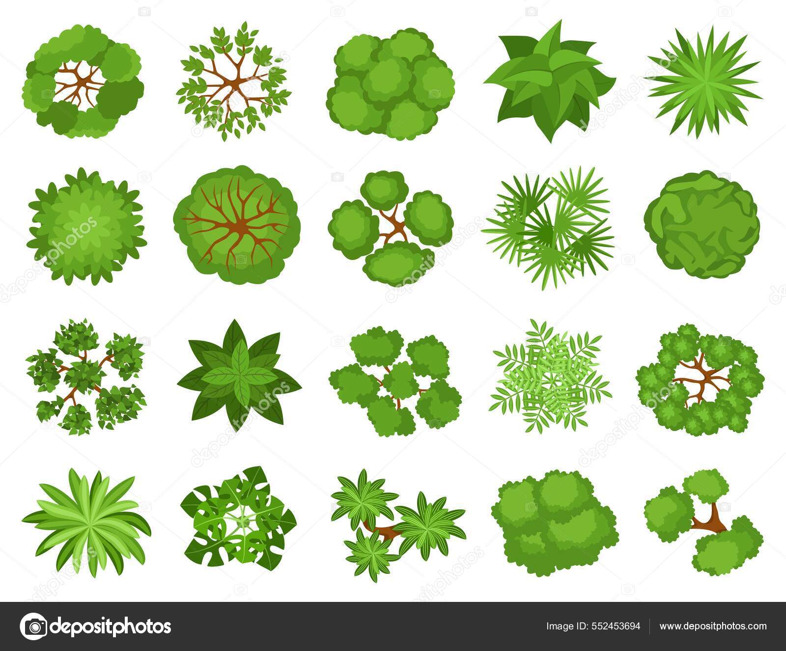 Cartoon top view trees, plants, bushes for landscaping design. Garden ...