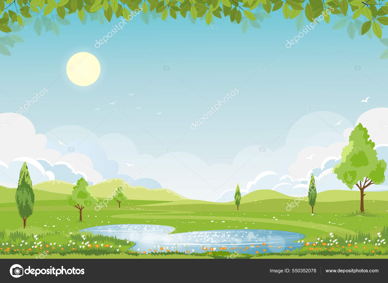 Spring Landscape Village Lake View Mountains Blue Sky Vector Cartoon ...