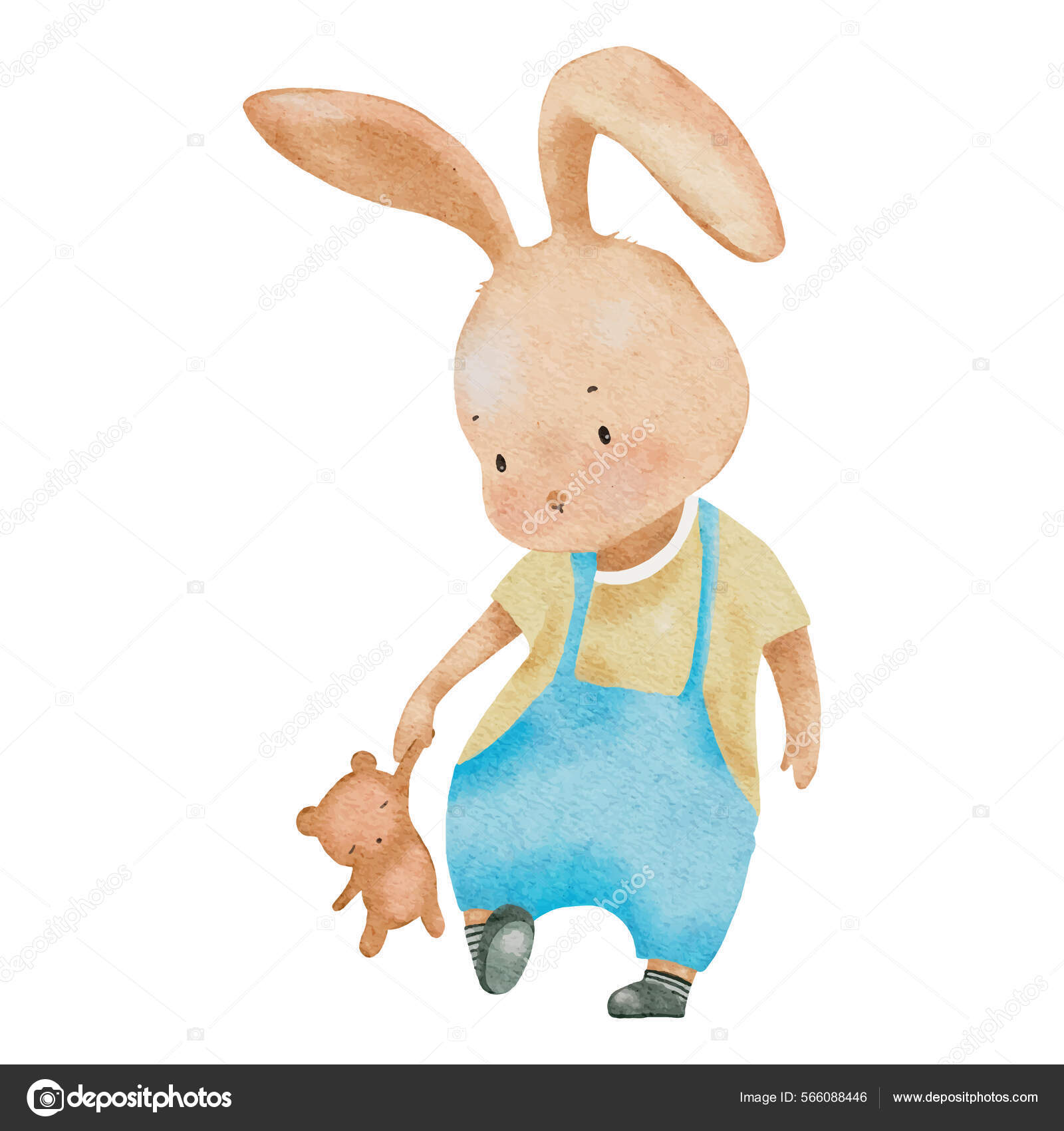 Rabbit Holding Teddy Bear Watercolor Hand Paint Cartoon Bunny Playing ...