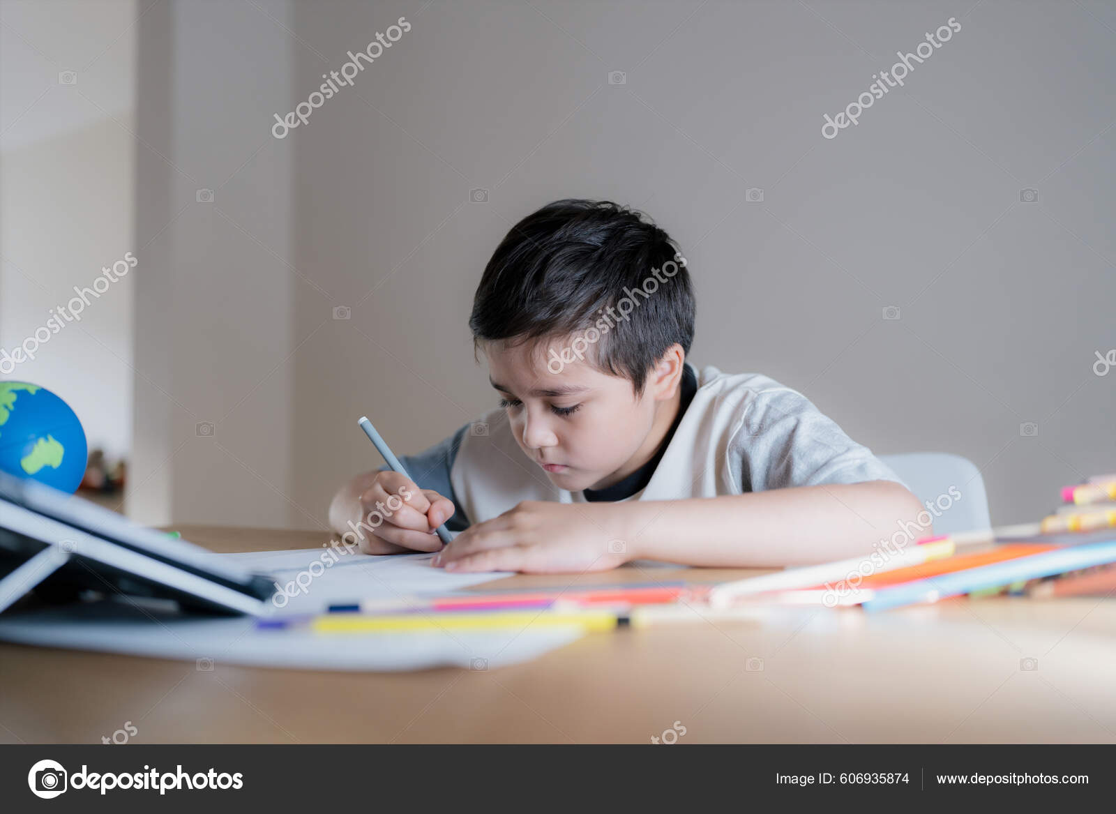 School Kid Using Grey Colour Pen Drawing Sketching Paper Portrait Stock ...