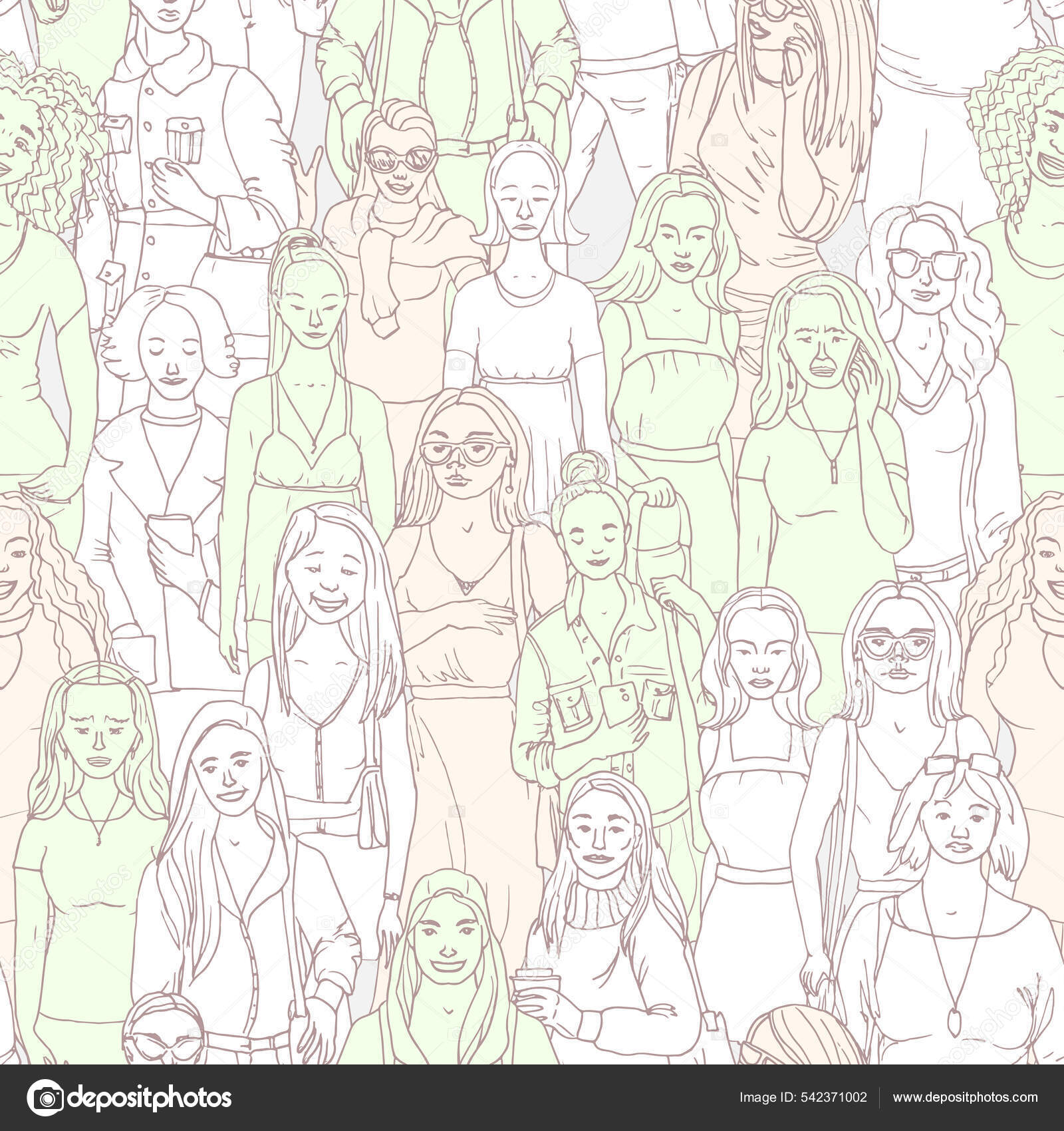 Seamless Vector Illustration Crowd Women Hand Drawn Background Stock ...