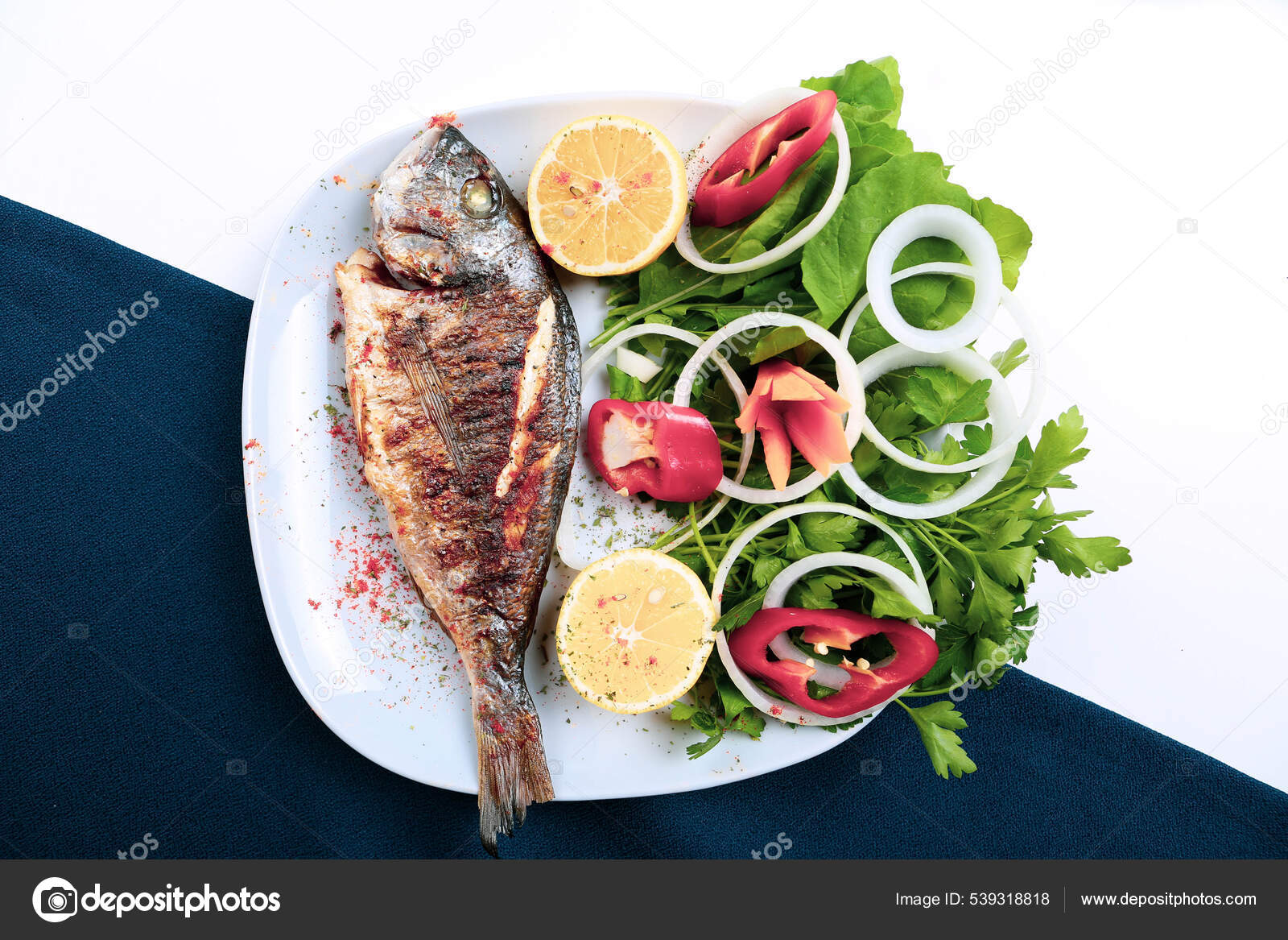 Fried Sea Bream Cupra Fish White Plate Onion Garden Rocket Stock Photo ...