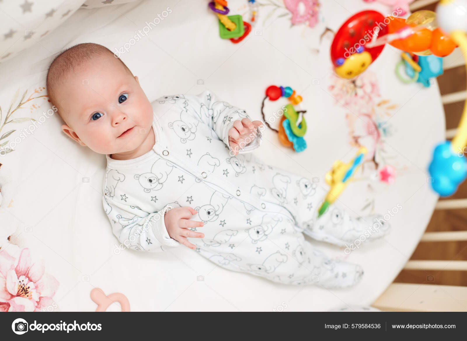 Happy Cute Newborn Baby Crib Home — Stock Photo © erstudio #579584536