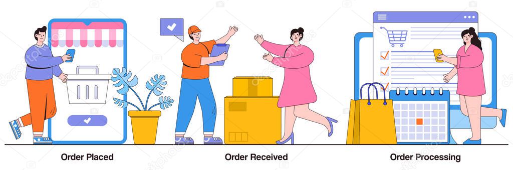 Pedido realizado, recibido y procesado concepto con personas minúsculas ...