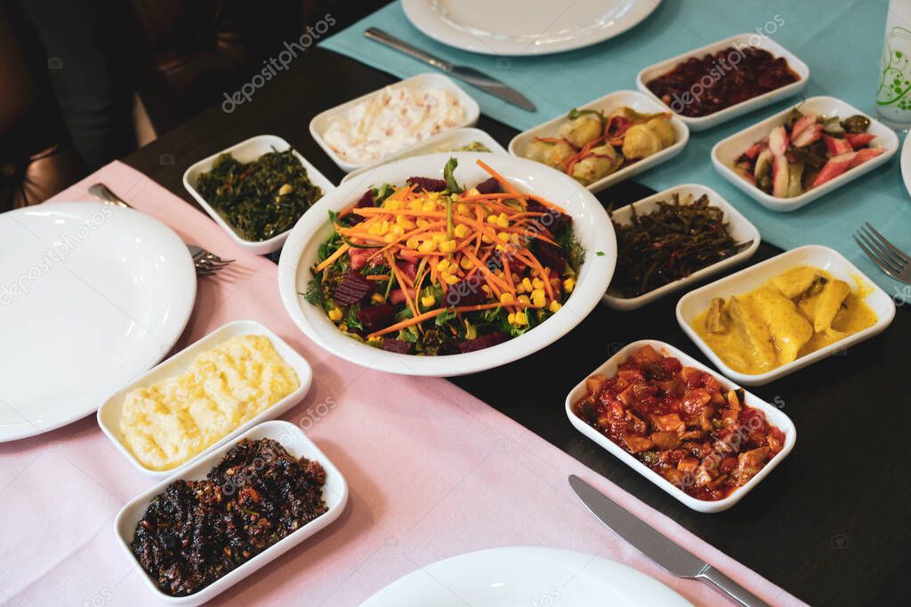 Traditional Turkish meze and appetizers on dinner table. Mazzeh, Meze ...