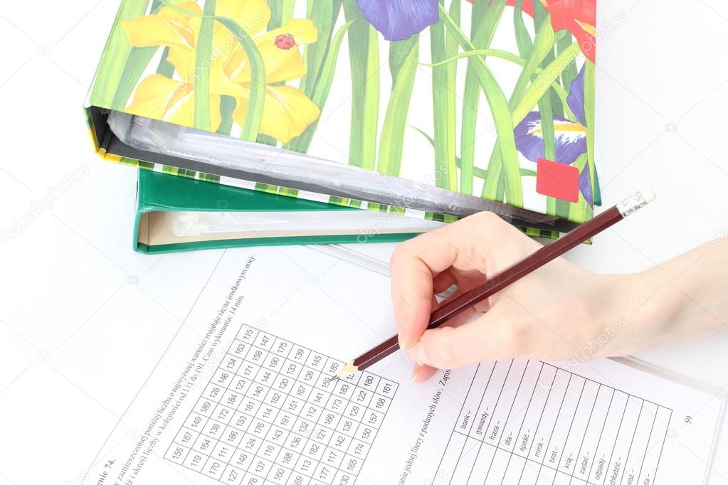 Woman's hand, pencil, documents and file folders Stock Photo by ...