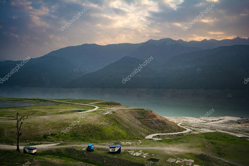 Sunrise view of Tehri mountains. Scenery sunrise over Tehri Lake ...