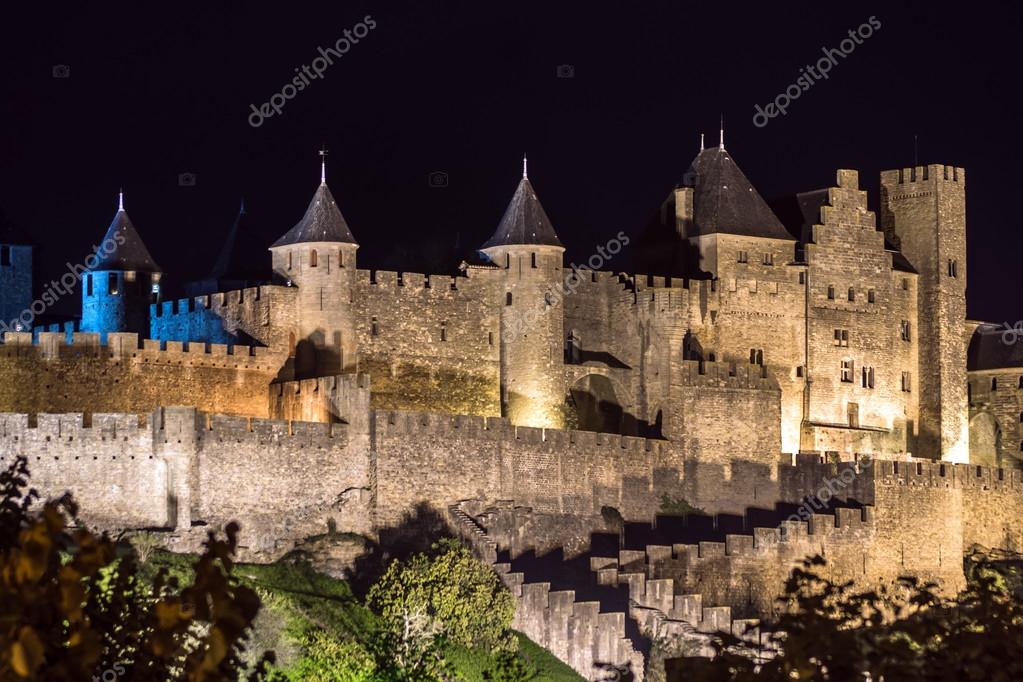 Carcassone medieval castle night view. — Stock Photo © sorokopud #49593159