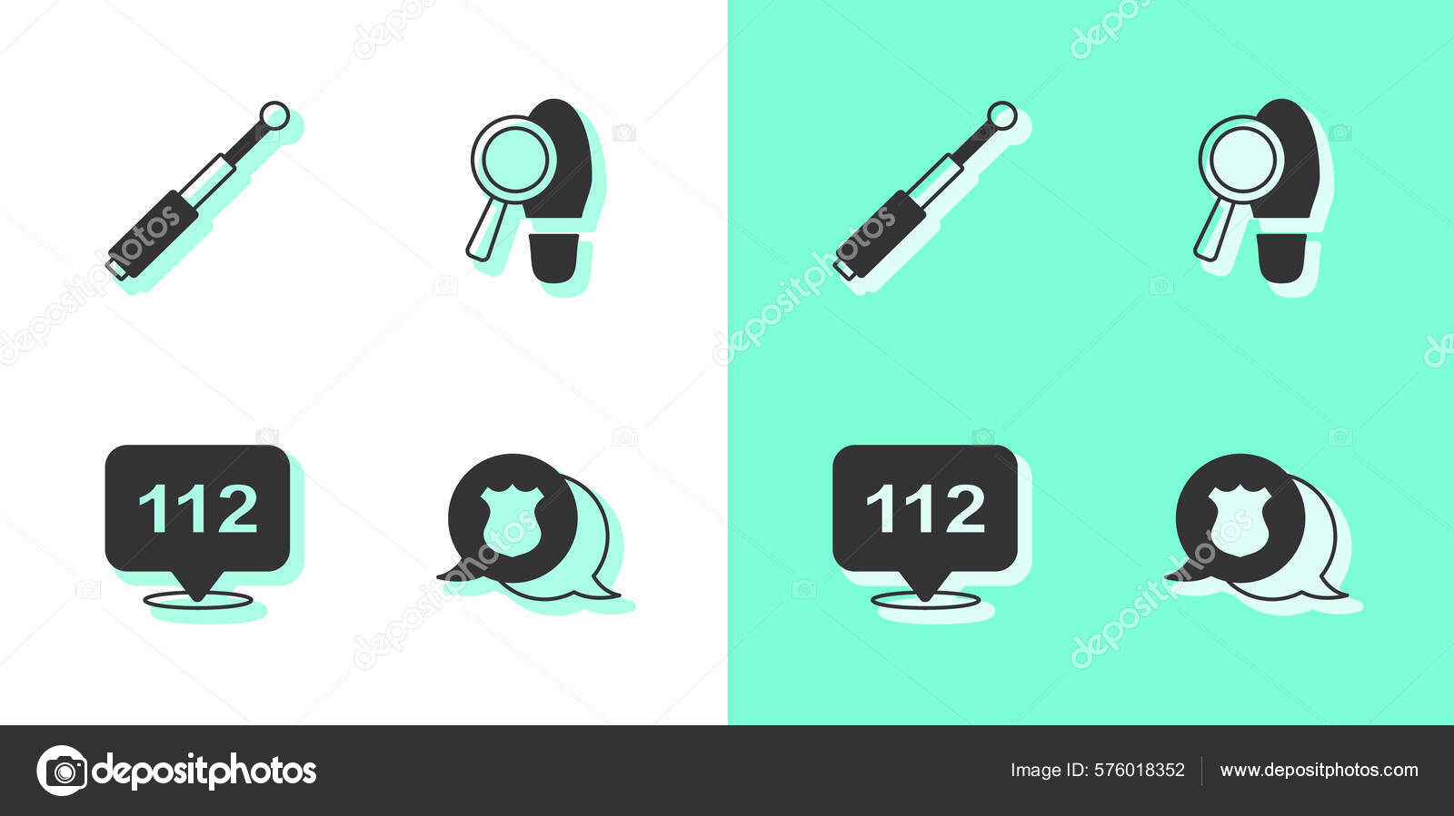 Set Police Badge Telescopic Baton Telephone Call 112 Footsteps Icon ...