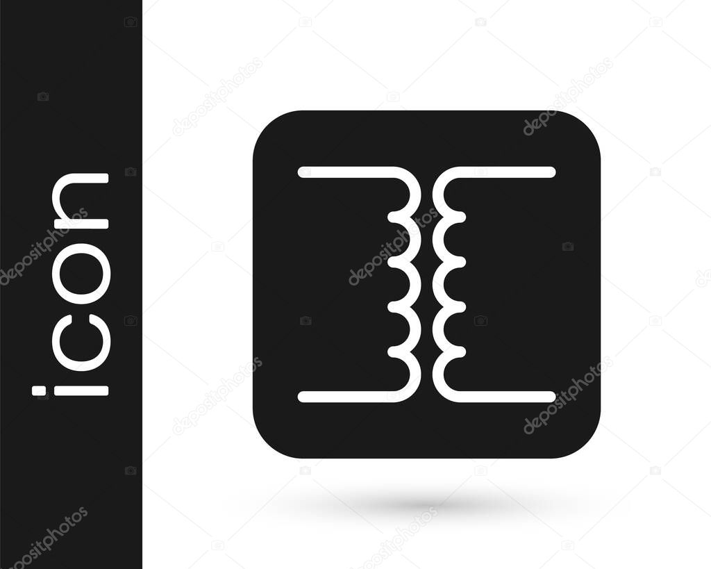 Icono del transformador eléctrico negro aislado sobre fondo blanco ...